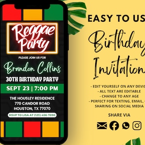 Reggae Birthday Invitation | Reggae Party Invite | Jamaica Birthday ...