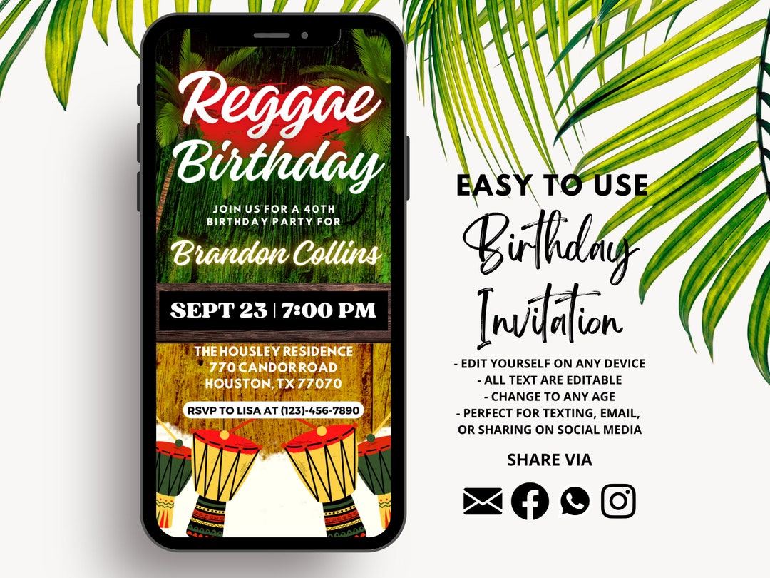 Reggae Party Invite | Reggae Evite | Rasta Evite | Jamaica Invite ...