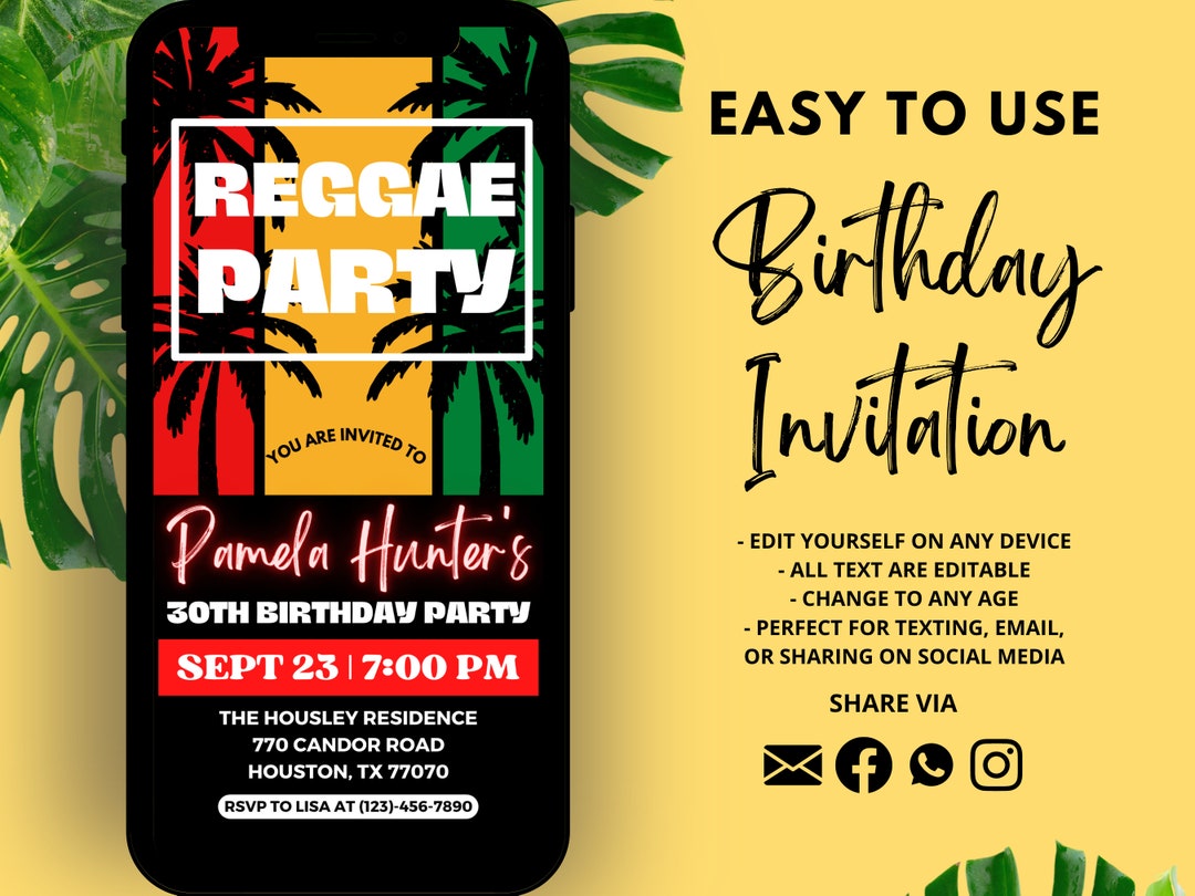 Reggae Birthday Invitation | Reggae Party Invite | Jamaica Birthday ...