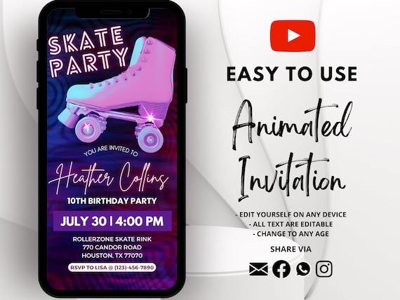 Skating Invitation Skate Party Invite Birthday Evite - Etsy