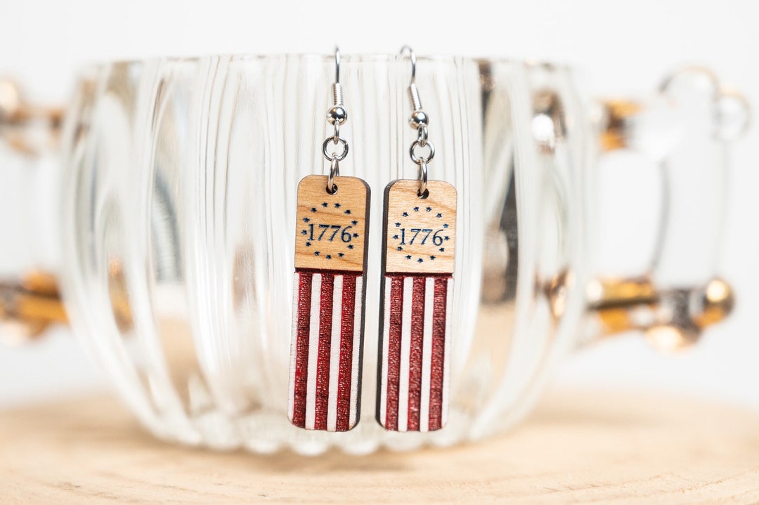 1776 Flag Earrings: Laser Cut Cherry Wood Patriotic Jewelry - Etsy