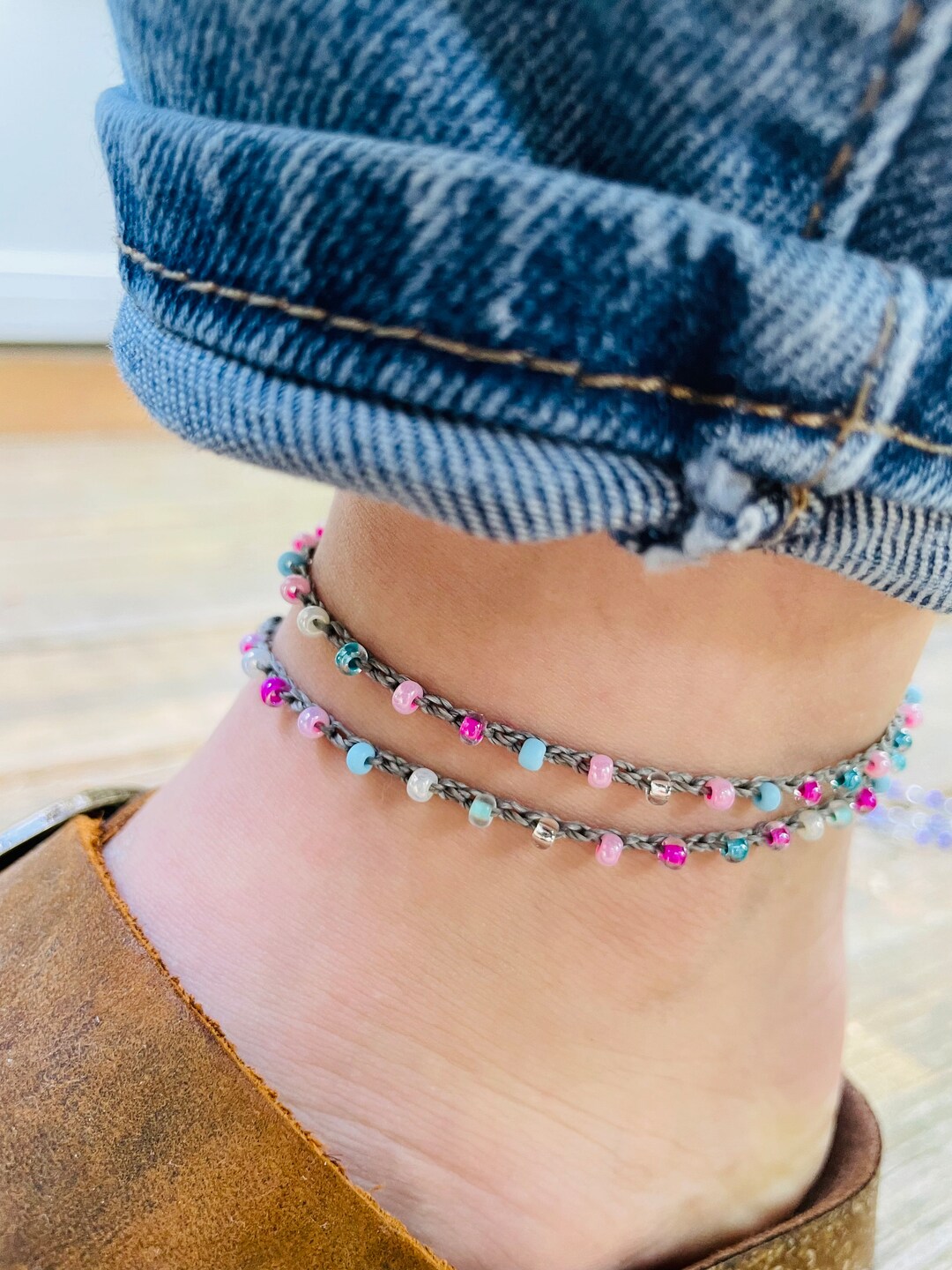 Beaded Double Wrap Anklet, Colorful Crochet Anklet, Hippie Anklet, Boho ...
