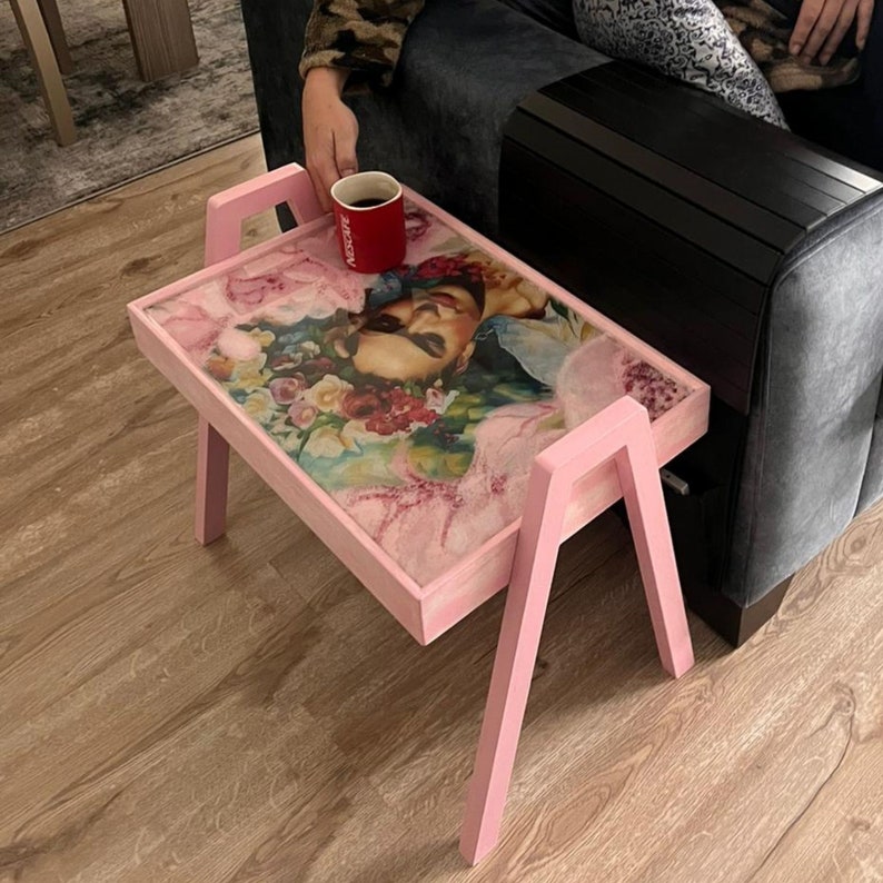 Frida Kahlo Hand-painted Pink Art Epoxy Resin Coffee Table, Modern Custom Home Furniture ...