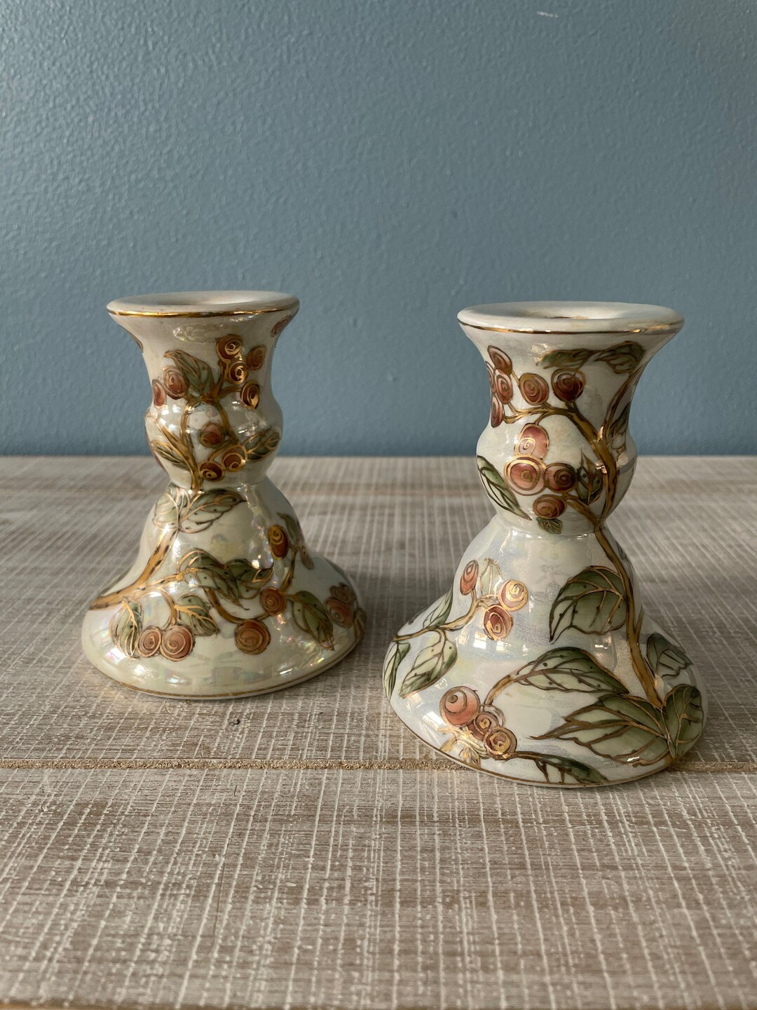 Vintage Candlestick Holders Cherry Fruit Pattern Gold Trim Porcelain ...