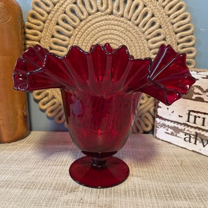 Vintage Ruby Red Blenko Glass Vase, Crimped Ruffled Edge - Etsy