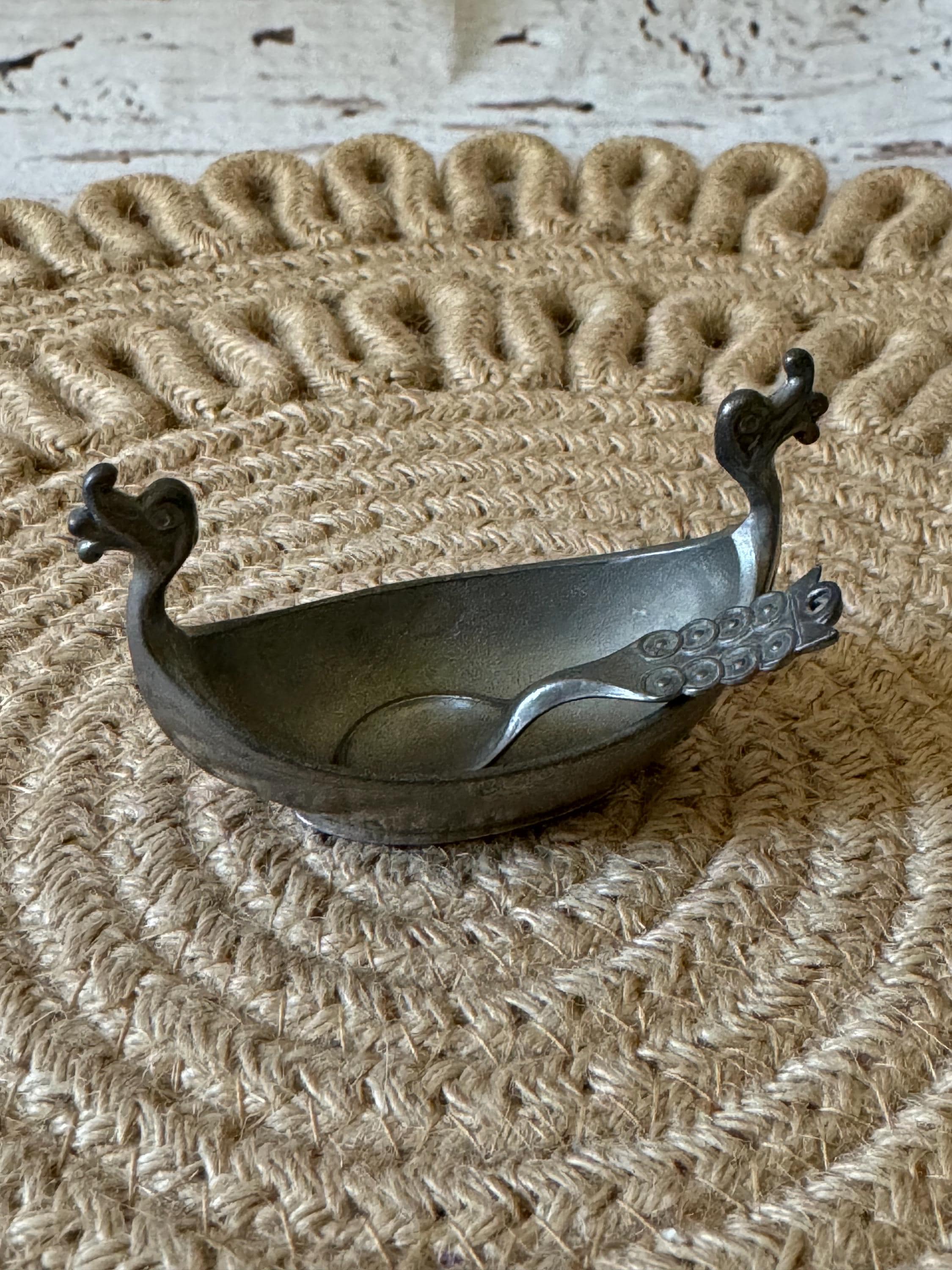 Vintage Pewter Viking Boat Open Salt Cellar Tinn Salt Boat Miniature ...