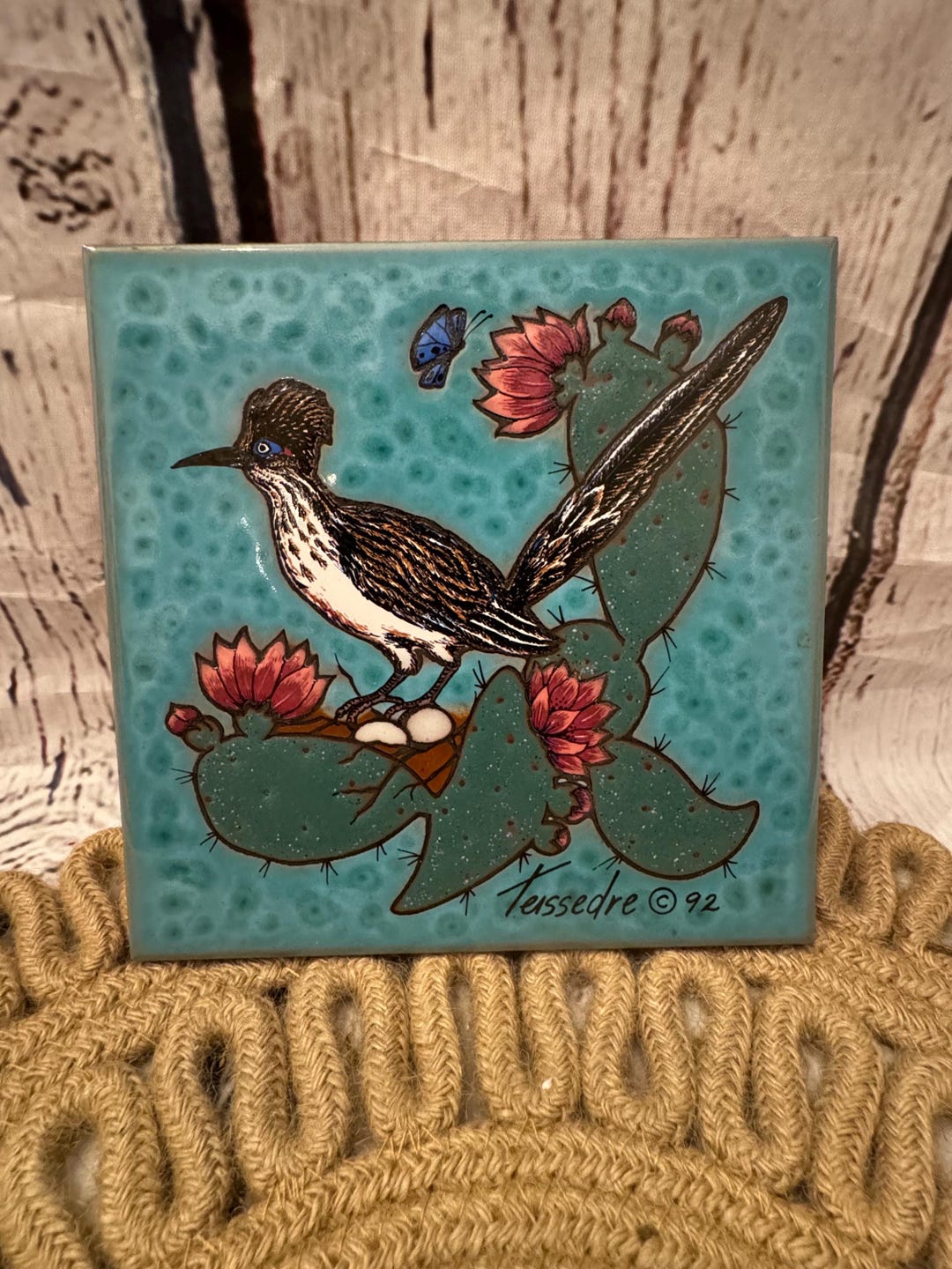 Vintage Southwestern Roadrunner Tile, Trivett, 1992, Artist Cleo ...