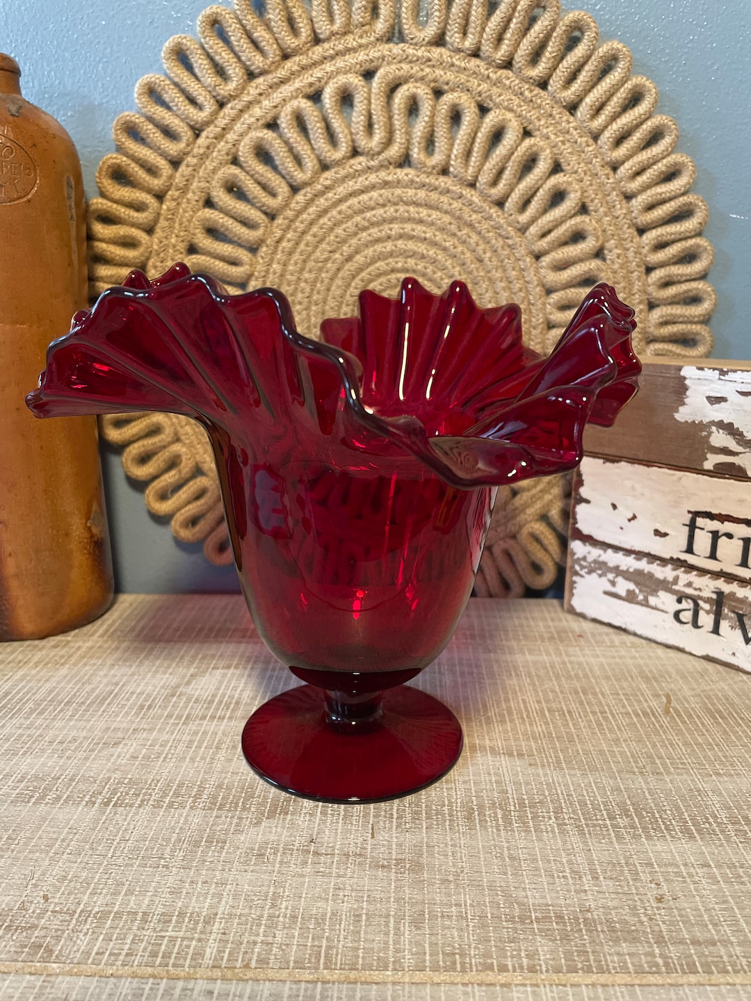 Vintage Ruby Red Blenko Glass Vase, Crimped Ruffled Edge - Etsy