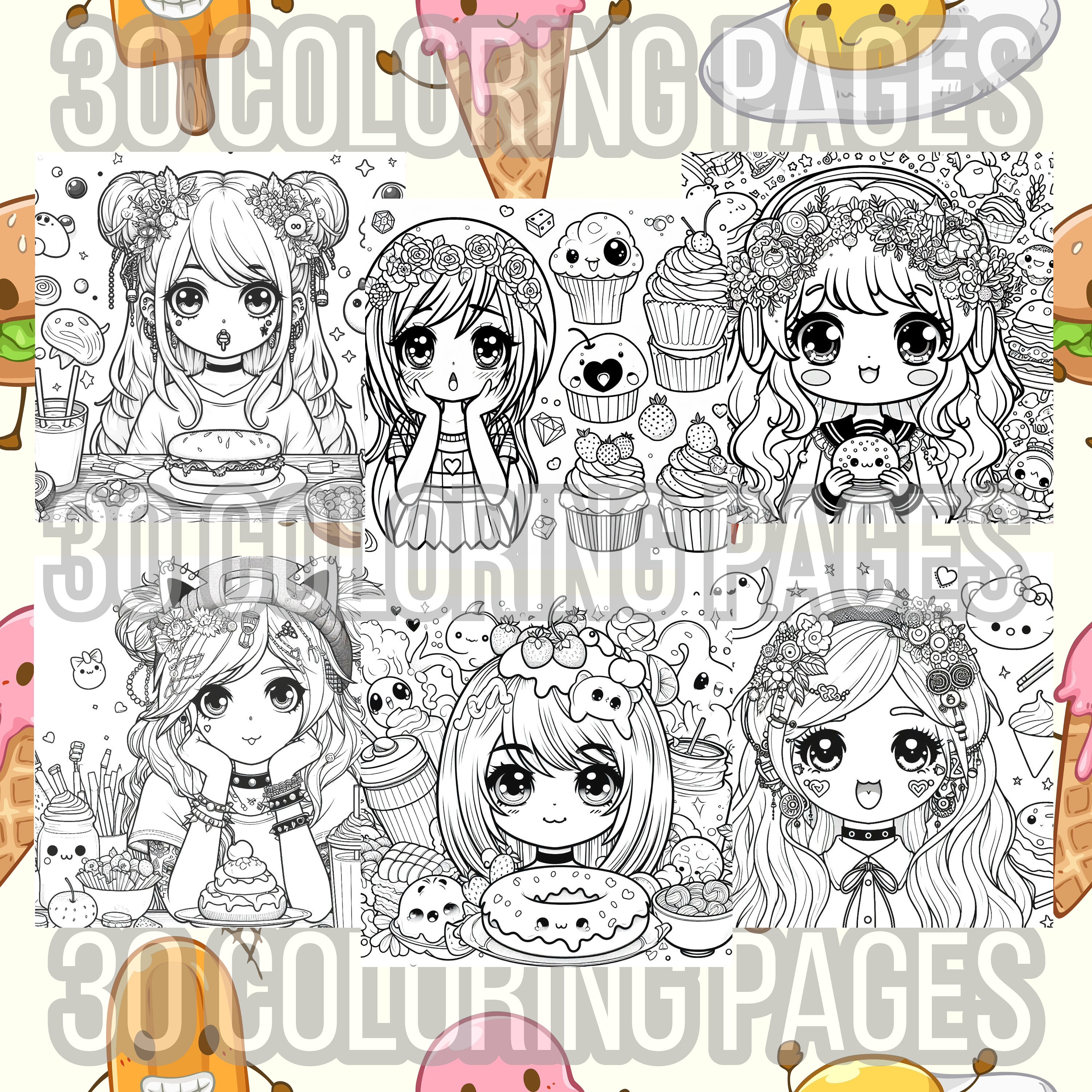 30 Cute Kawaii Food Emo Girl Coloring Pages Digital Download Coloring ...