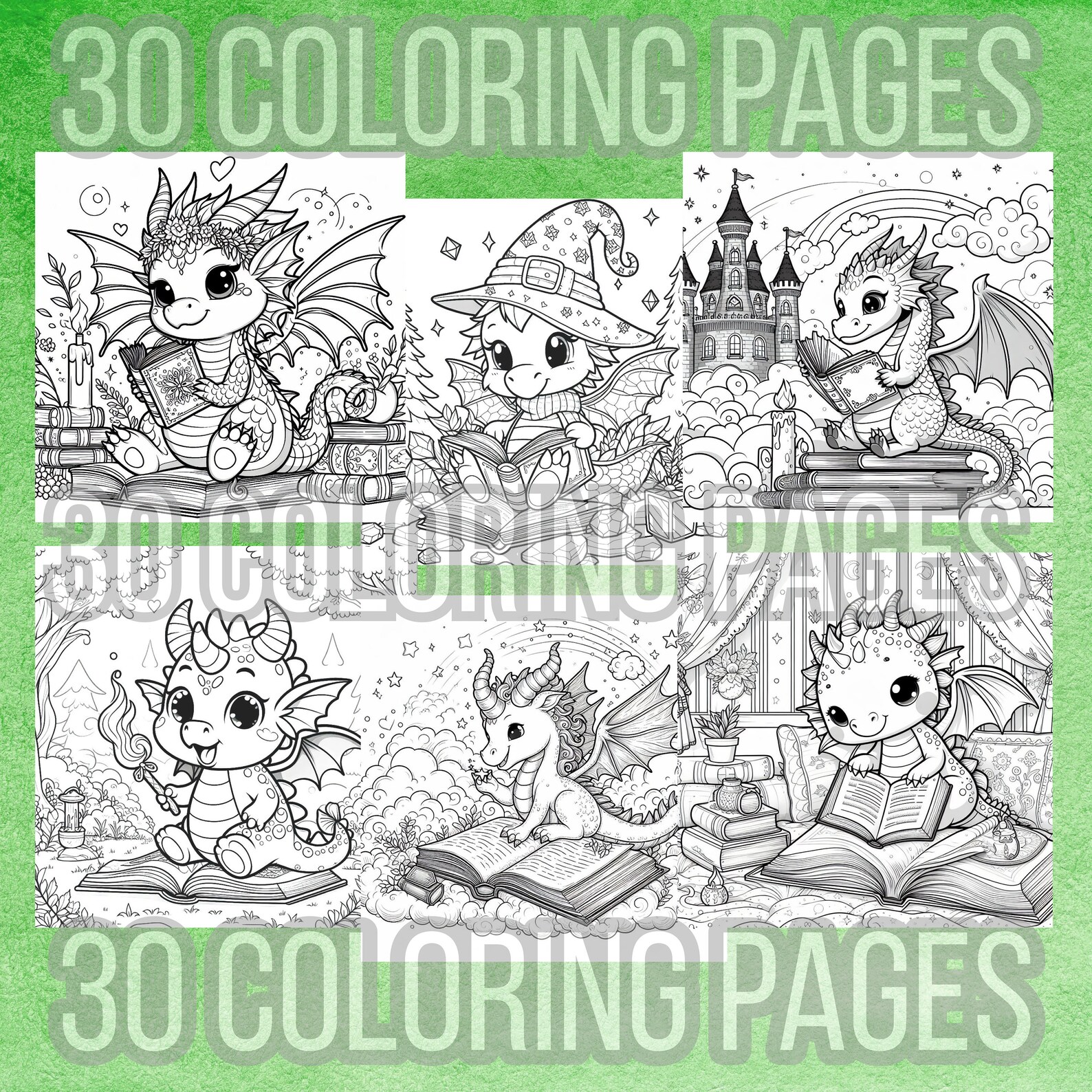30 Cute Dragon Fantasy Book Coloring Page Bundle Kids Adult Coloring ...