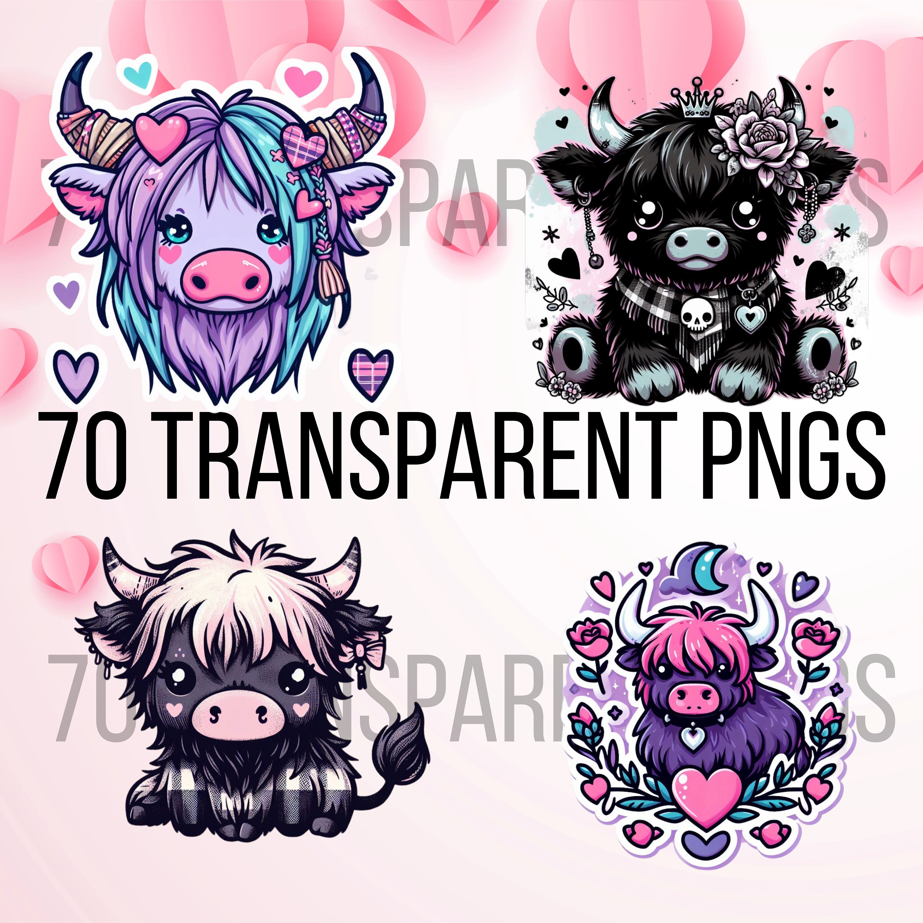 70 Emo Goth Cute Highland Cow PNG Image Bundle for Stickers Junk ...