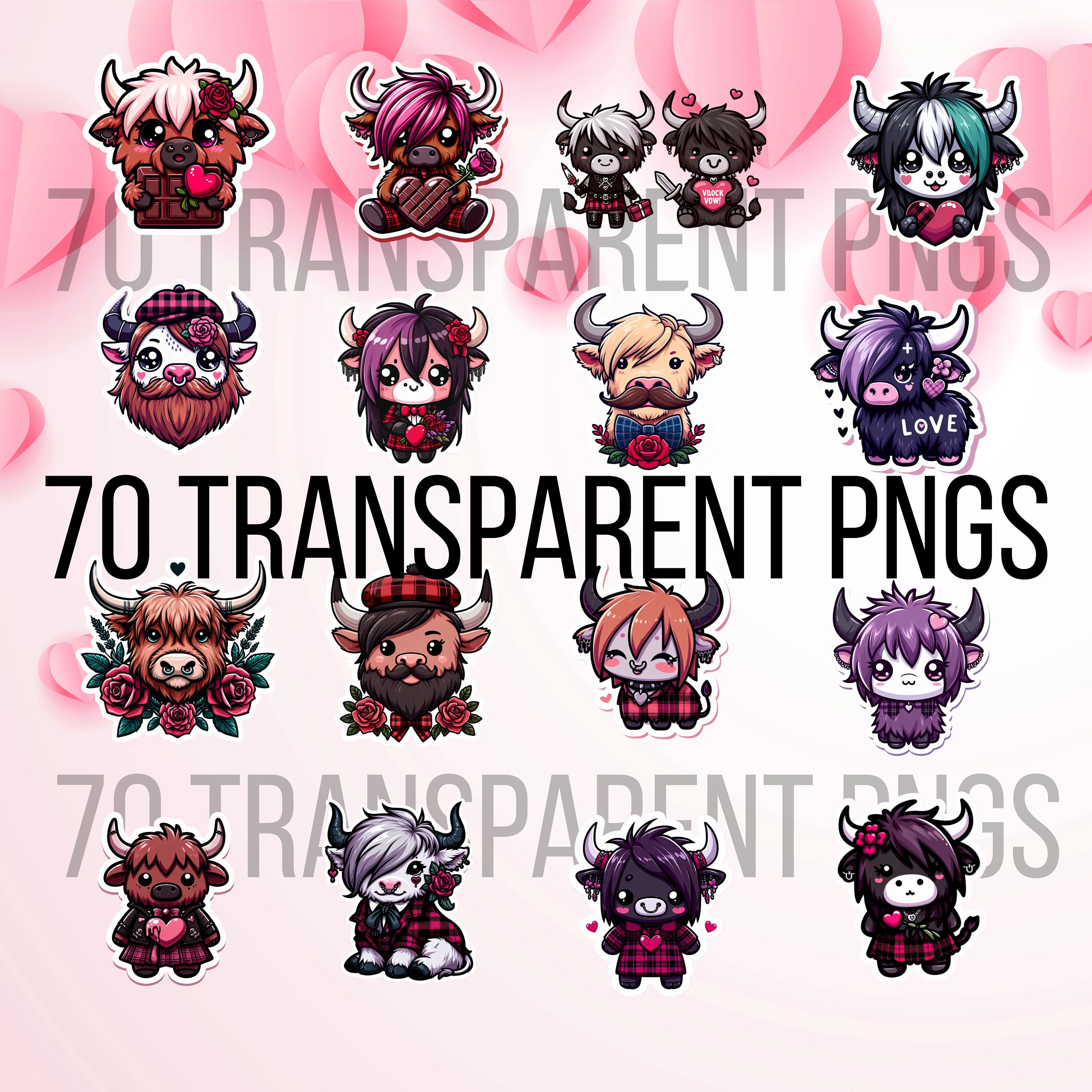 70 Emo Goth Cute Highland Cow PNG Image Bundle for Stickers Junk ...