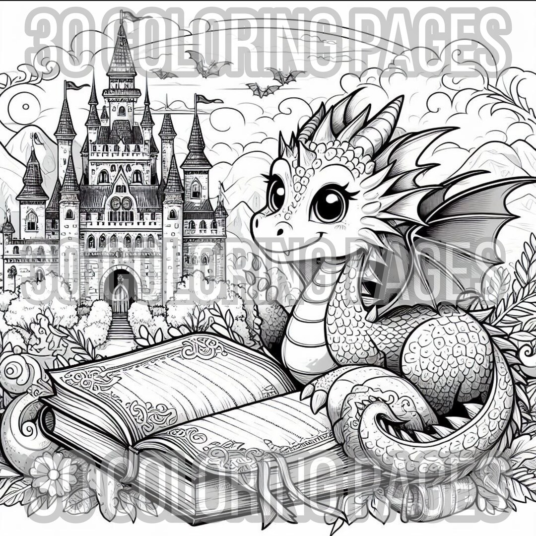 30 Cute Dragon Fantasy Book Coloring Page Bundle Kids Adult Coloring ...