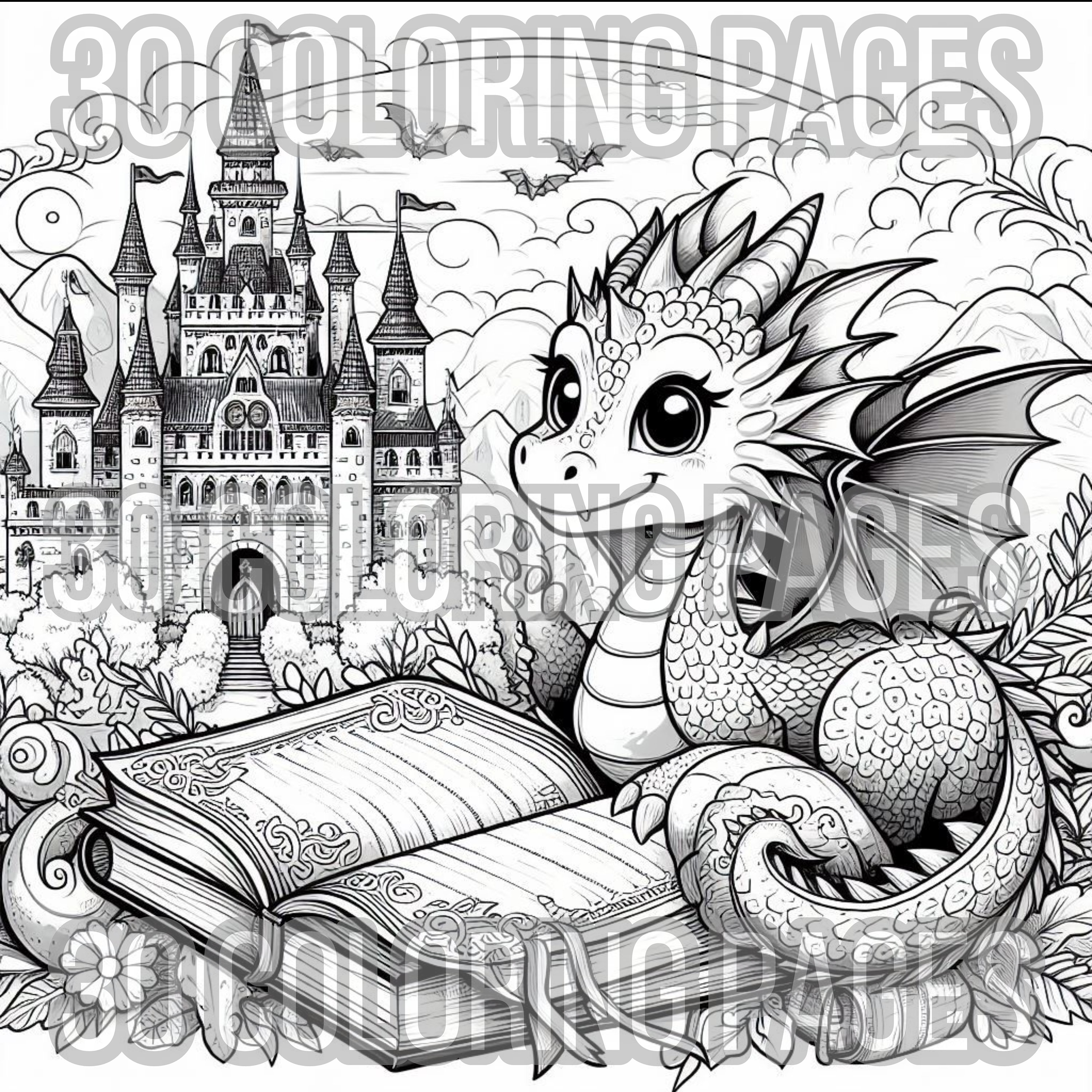 30 Cute Dragon Fantasy Book Coloring Page Bundle Kids Adult Coloring ...