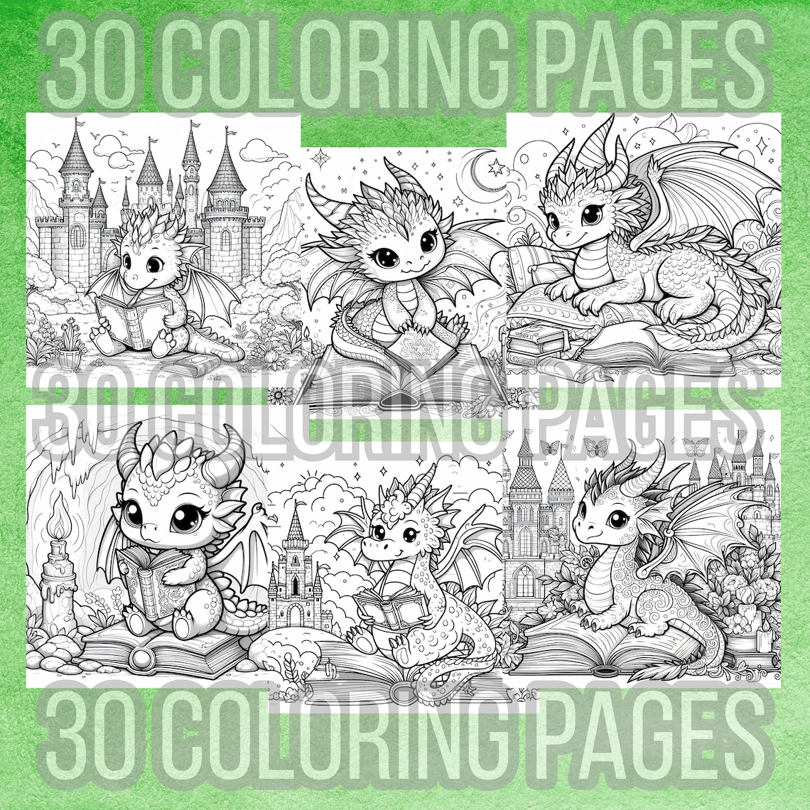 30 Cute Dragon Fantasy Book Coloring Page Bundle Kids Adult Coloring ...