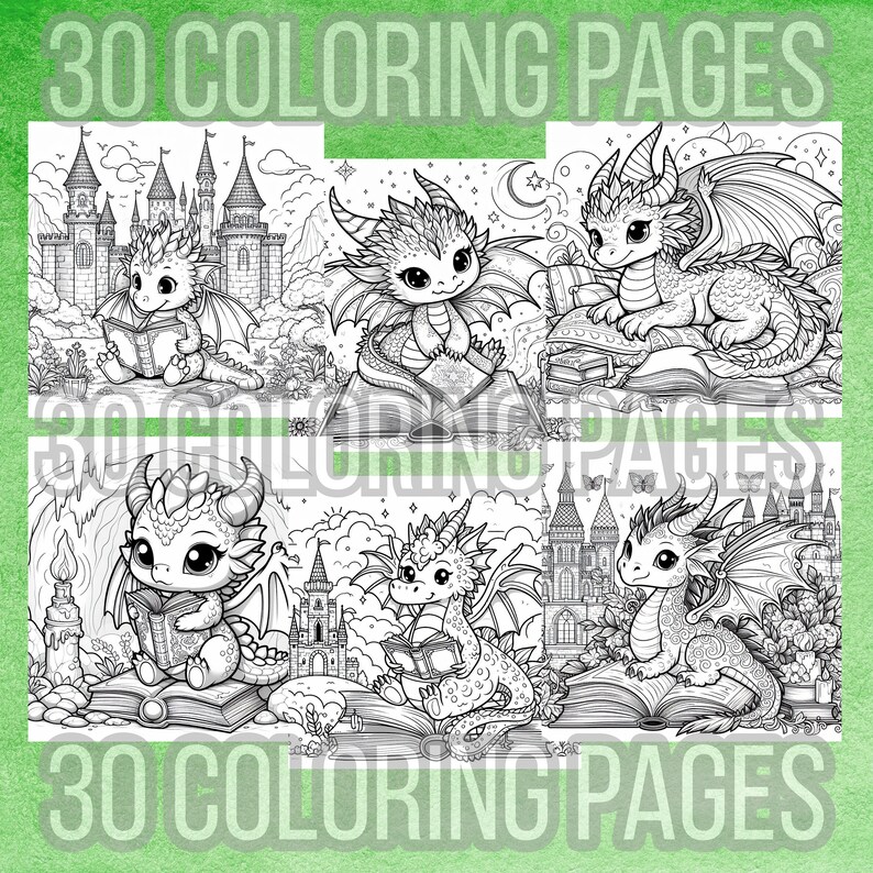 30 Cute Dragon Fantasy Book Coloring Page Bundle Kids Adult Coloring ...