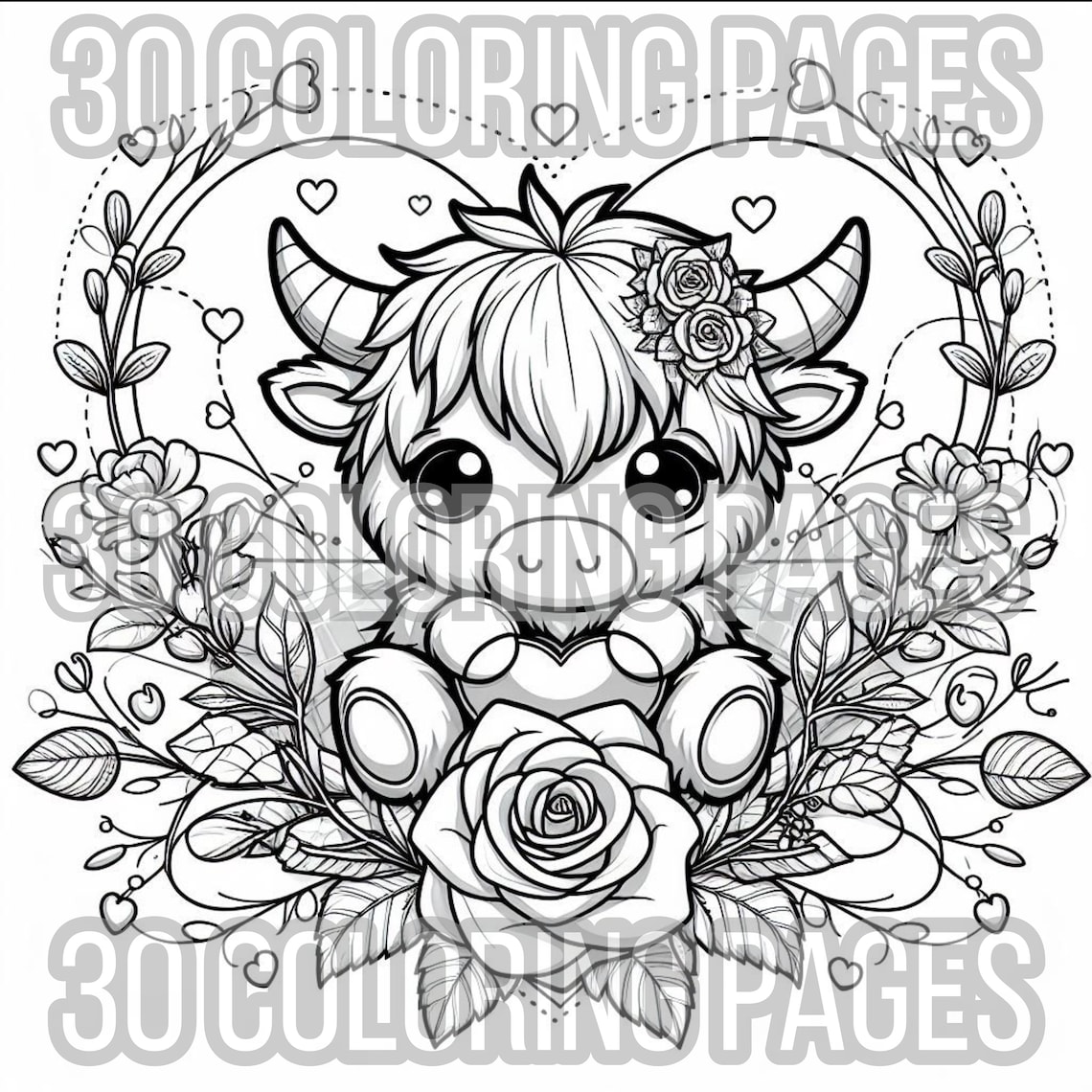 30 Cute Highland Cow Coloring Page Valentines Coloring Sheet Hearts ...