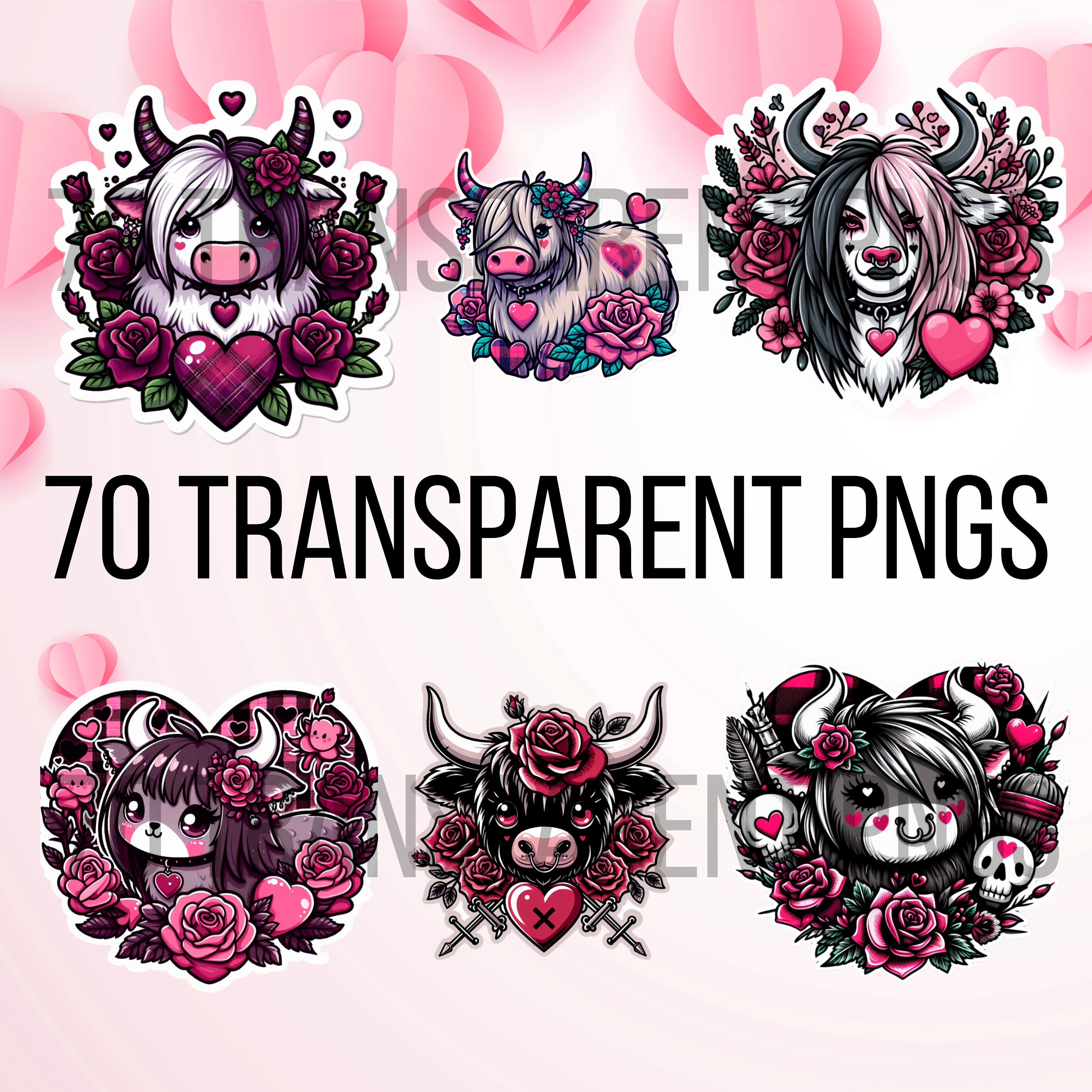 70 Emo Goth Cute Highland Cow PNG Image Bundle for Stickers Junk ...
