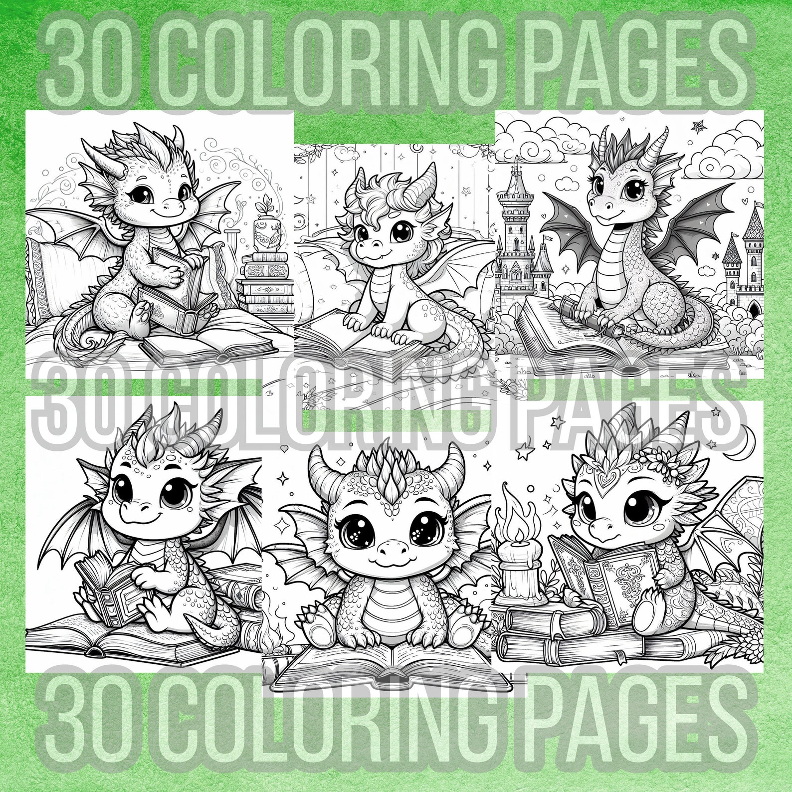 30 Cute Dragon Fantasy Book Coloring Page Bundle Kids Adult Coloring ...