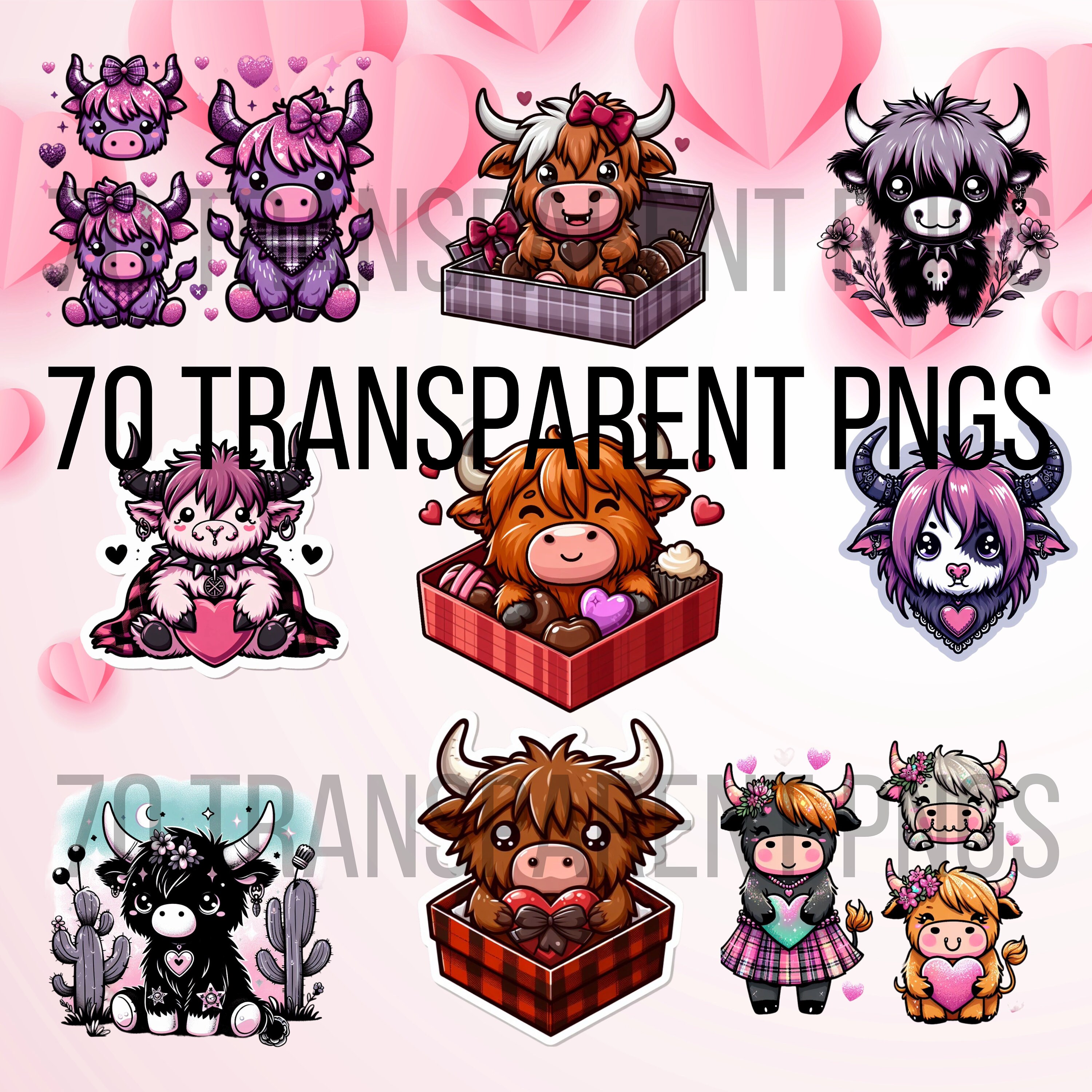 70 Emo Goth Cute Highland Cow PNG Image Bundle for Stickers Junk ...