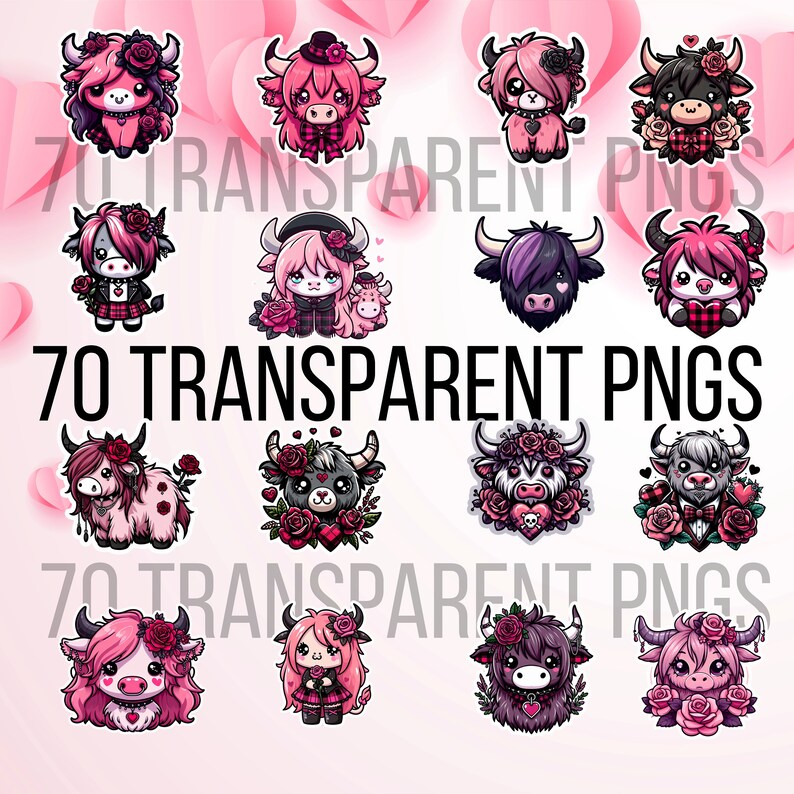 70 Emo Goth Cute Highland Cow PNG Image Bundle for Stickers Junk ...