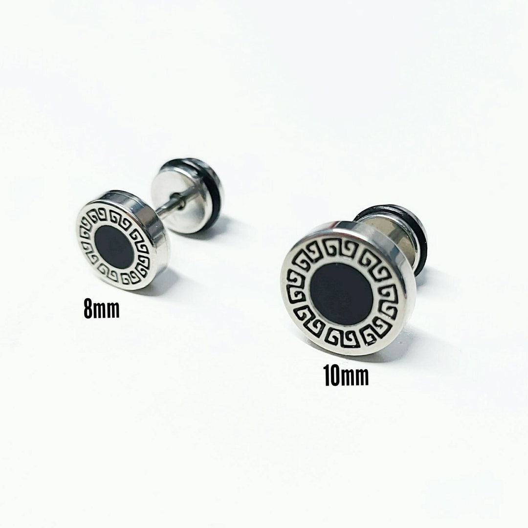 316L Stainless Steel Classic Greek Key Pattern Black and Silver Ear ...
