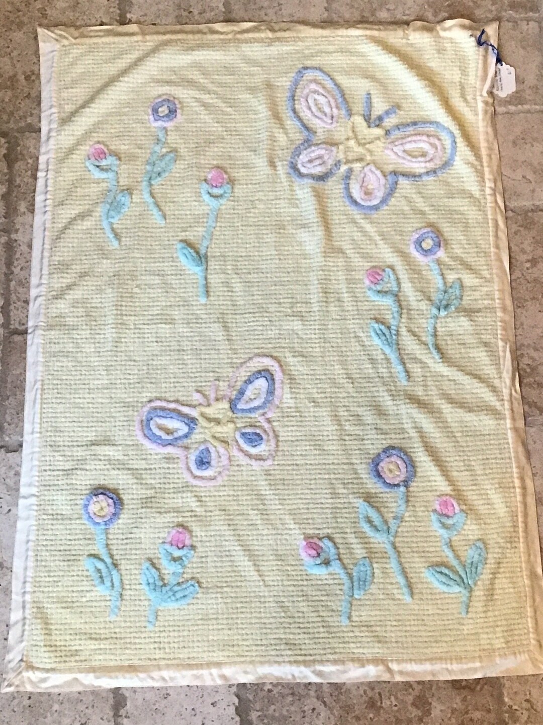 Original Vintage Chenille BLUE MOON Baby Blanket Butterflies & Flowers ...