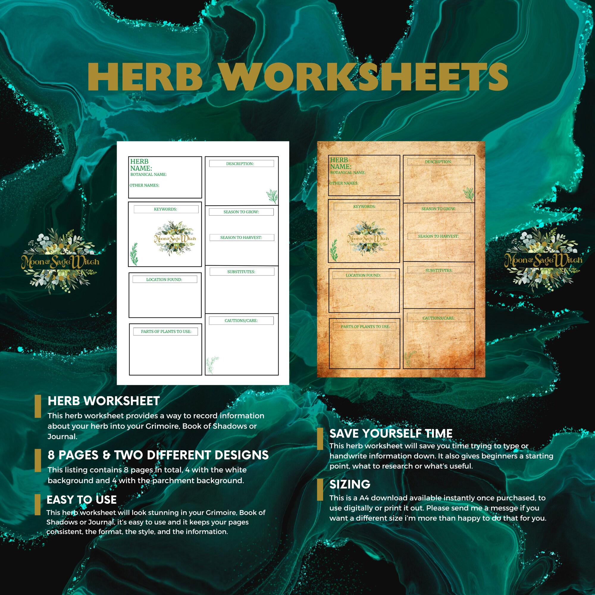 Herb Worksheet for Book of Shadows or Grimoire, Herb Template, Wiccan ...