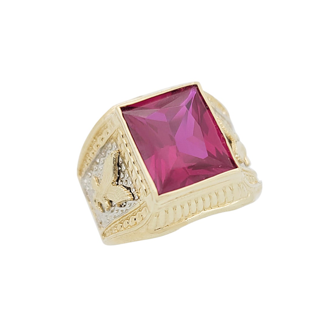 10K Yellow Gold Mens Emerald Cut Red Stone Ring Eagle on the Side ...