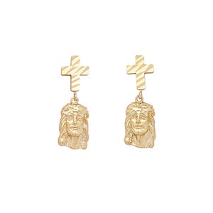 10K Yellow Gold Jesus and Cross Earrings Jesus Face - Etsy