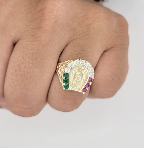 10K Yellow Gold Guadalupe Ring Mexican Flag Color - Gem
