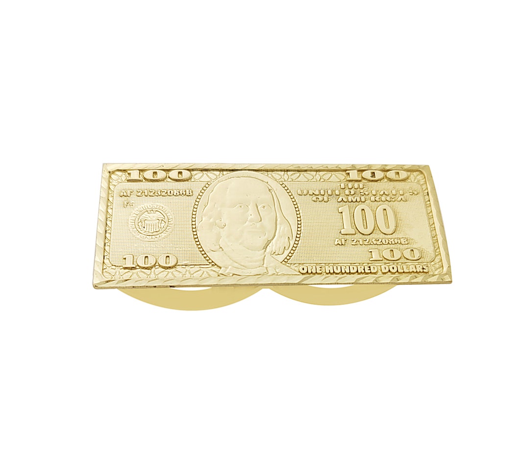 Men's 10K Yellow Gold Hundred Dollar Bill Ring Two Finger Ring Benjamin ...