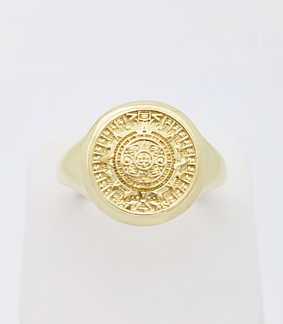 10K Yellow Gold Aztec Mayan Calendar Ring Mens Aztec Calendar Gold Ring ...
