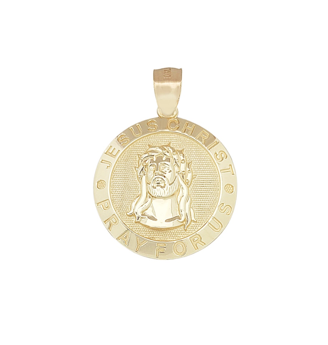 10k Yellow Gold Jesus Face Medallion Jesus Charm Pendant Pray for Us 0. ...