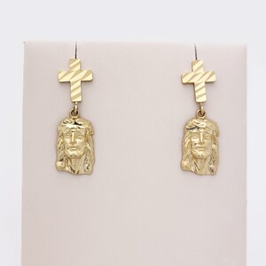 10K Yellow Gold Jesus and Cross Earrings Jesus Face - Etsy