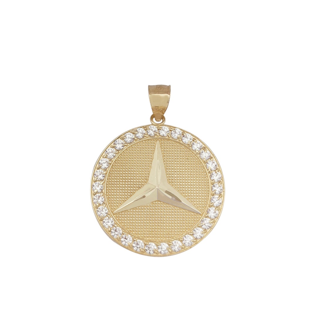 10K Yellow Gold Mercedes Benz Necklace Pendant Benz Medallion With CZ ...