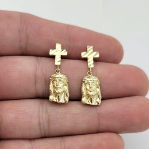 10K Yellow Gold Jesus and Cross Earrings Jesus Face - Etsy