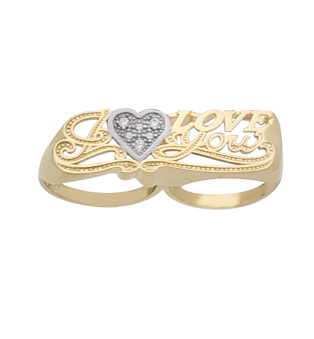 10K Yellow Gold I Love You Ring for Women Two Finger I Love You Plate ...