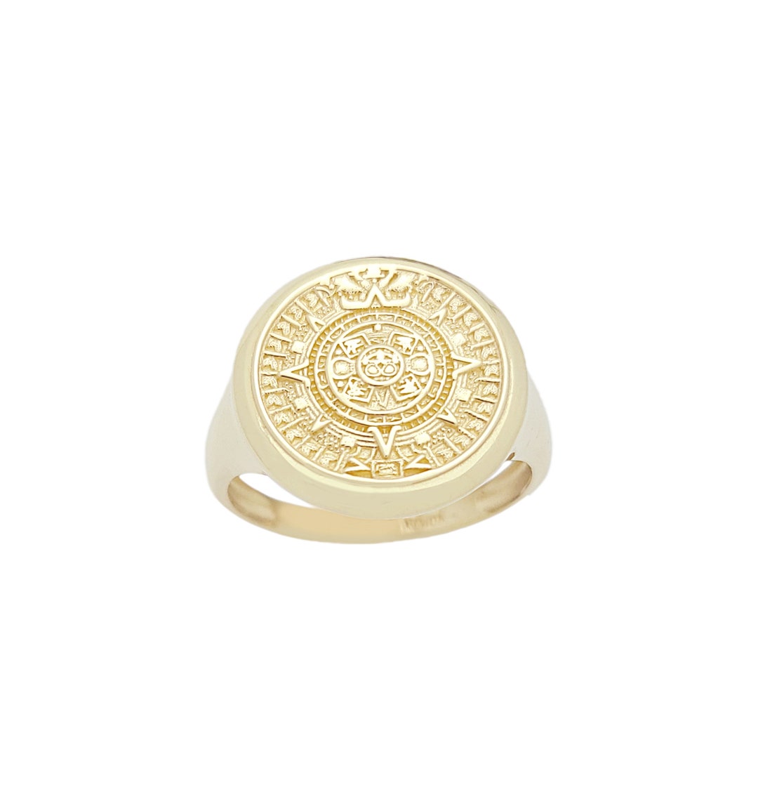 10K Yellow Gold Aztec Mayan Calendar Ring Mens Aztec Calendar Gold Ring ...