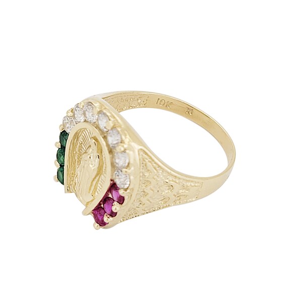 10K Yellow Gold Guadalupe Ring Mexican Flag Color - Gem