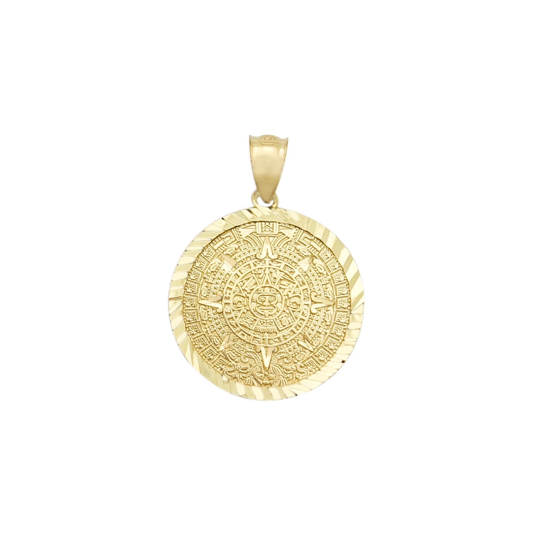 10K Yellow Gold Round Aztec Mayan Calendar Charm Pendant Mayan Gold 21. ...