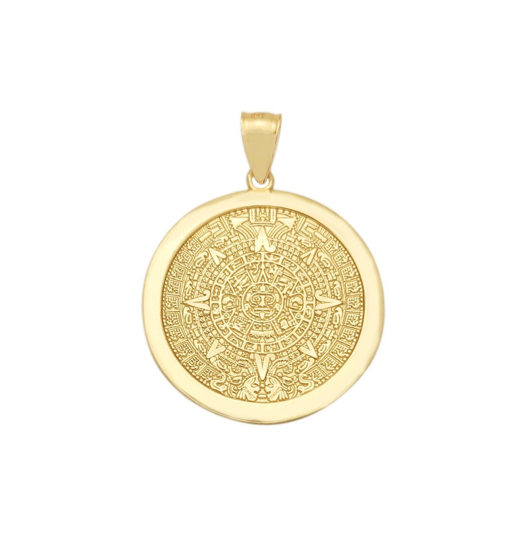 10K Yellow Gold Round Aztec Mayan Calendar Charm Pendant Mayan Gold 26 ...