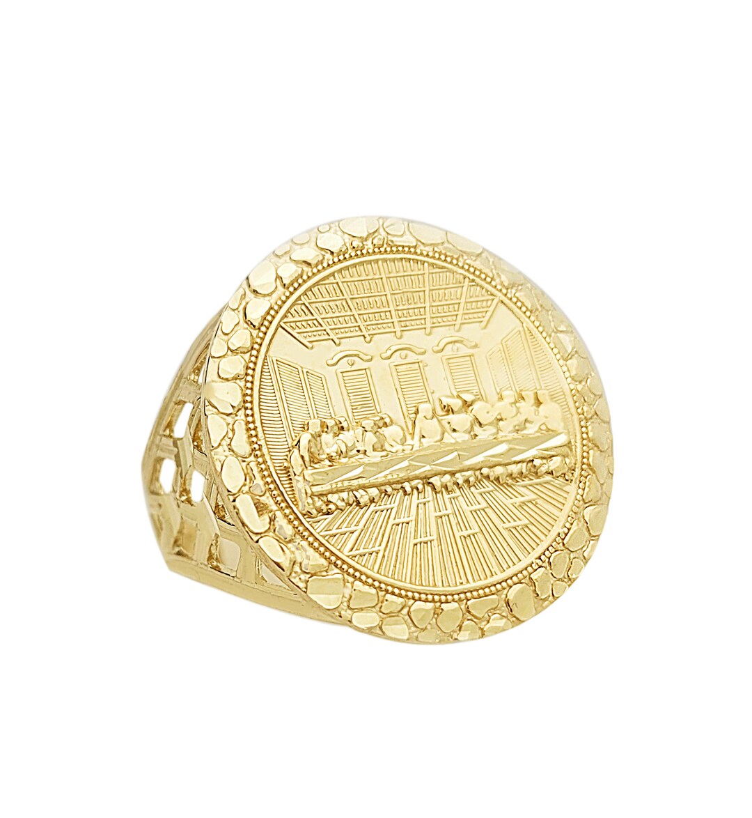 10K Yellow Gold Last Supper Ring Mens Last Supper Solid Gold Ring Round ...