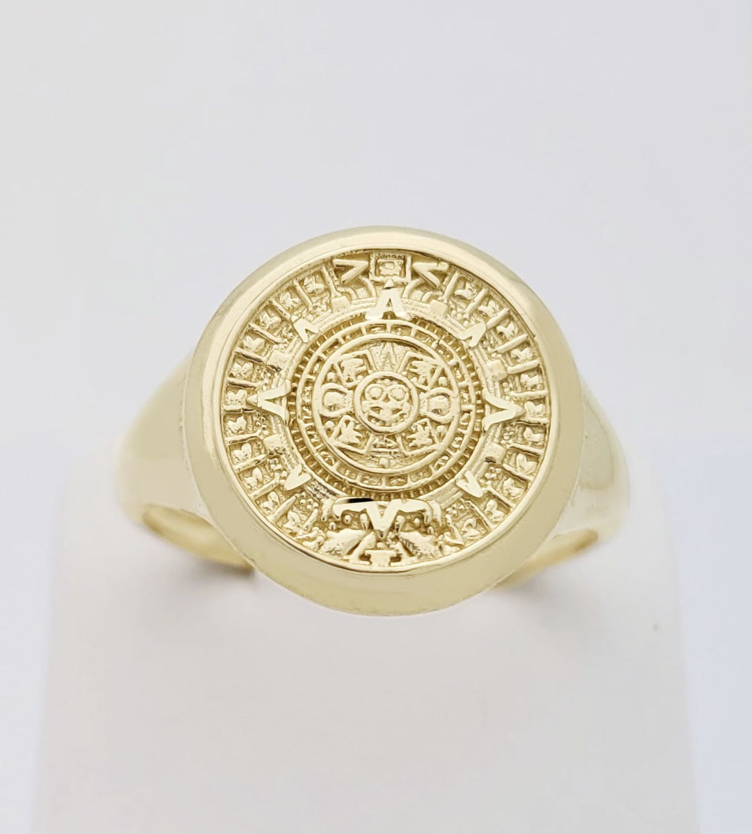 10K Yellow Gold Aztec Mayan Calendar Ring Mens Aztec Calendar Gold Ring ...