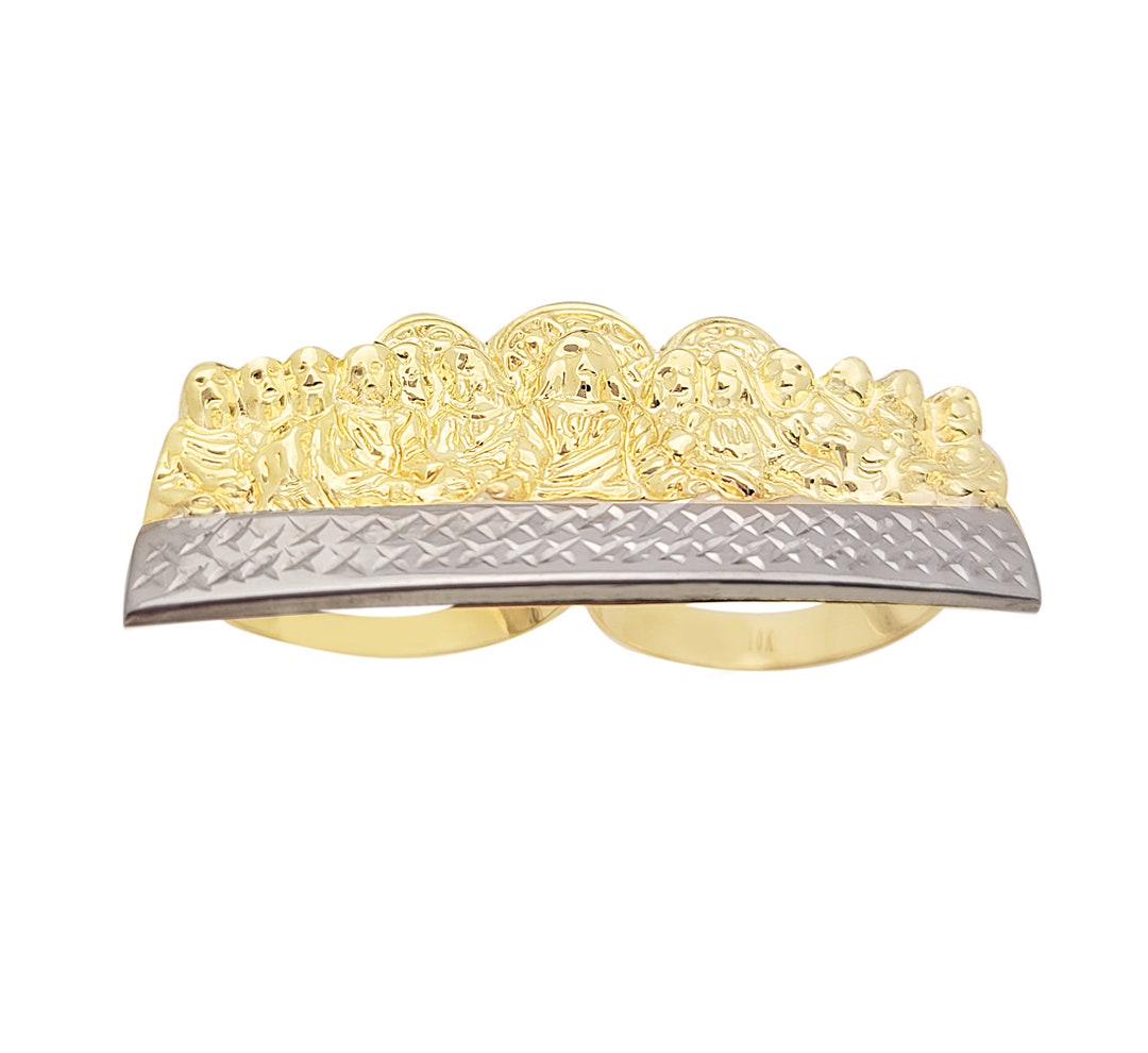 10K Yellow Gold Last Supper Ring Two Finger Ring Double Finger Thin ...