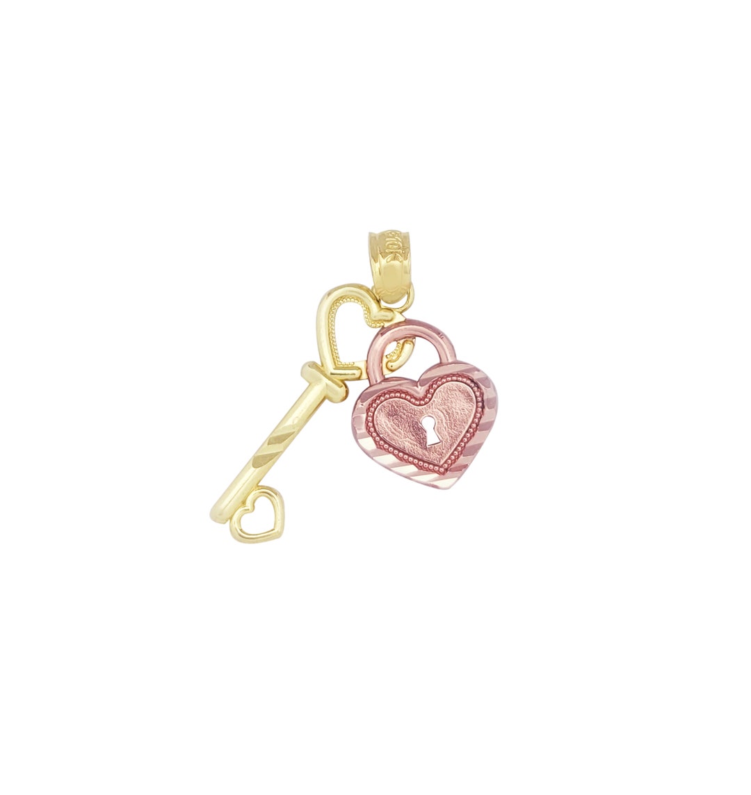 10K Yellow & Rose Gold Lock and Key Heart Pendant Lock and Key Charm - Etsy