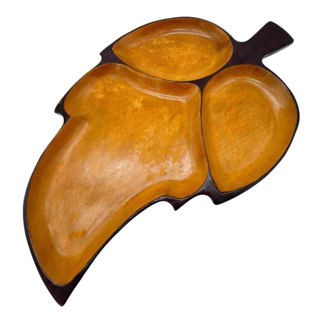 Vintage Japan Gold Tiger Monkey Pod Wood 15" Leaf-shaped Serving Tray 3 ...