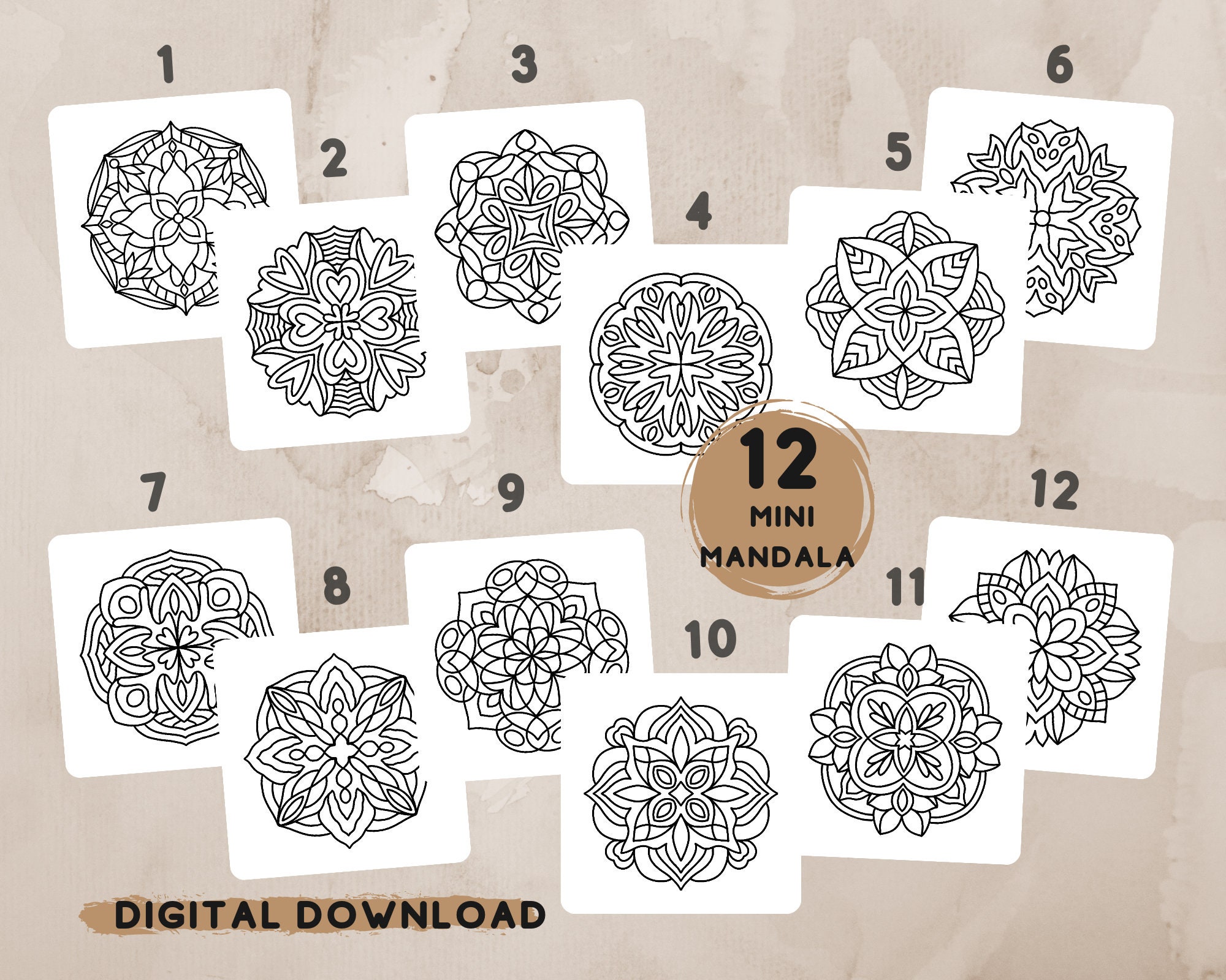 12 Mini Mandalas Printable Coloring Pages Adult Coloring Book Simple ...