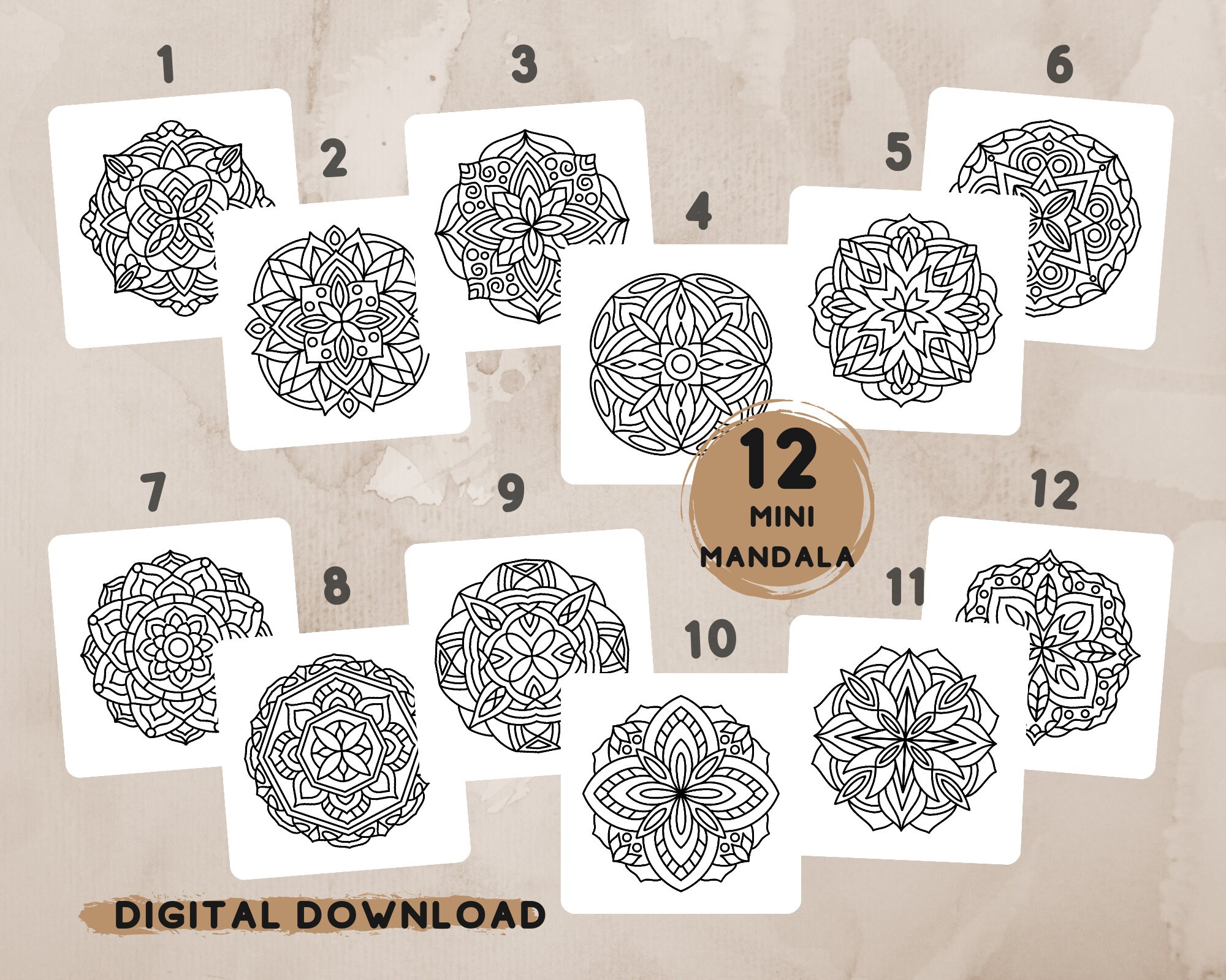 12 Mini Mandalas Printable Coloring Pages Adult Coloring Book Simple ...