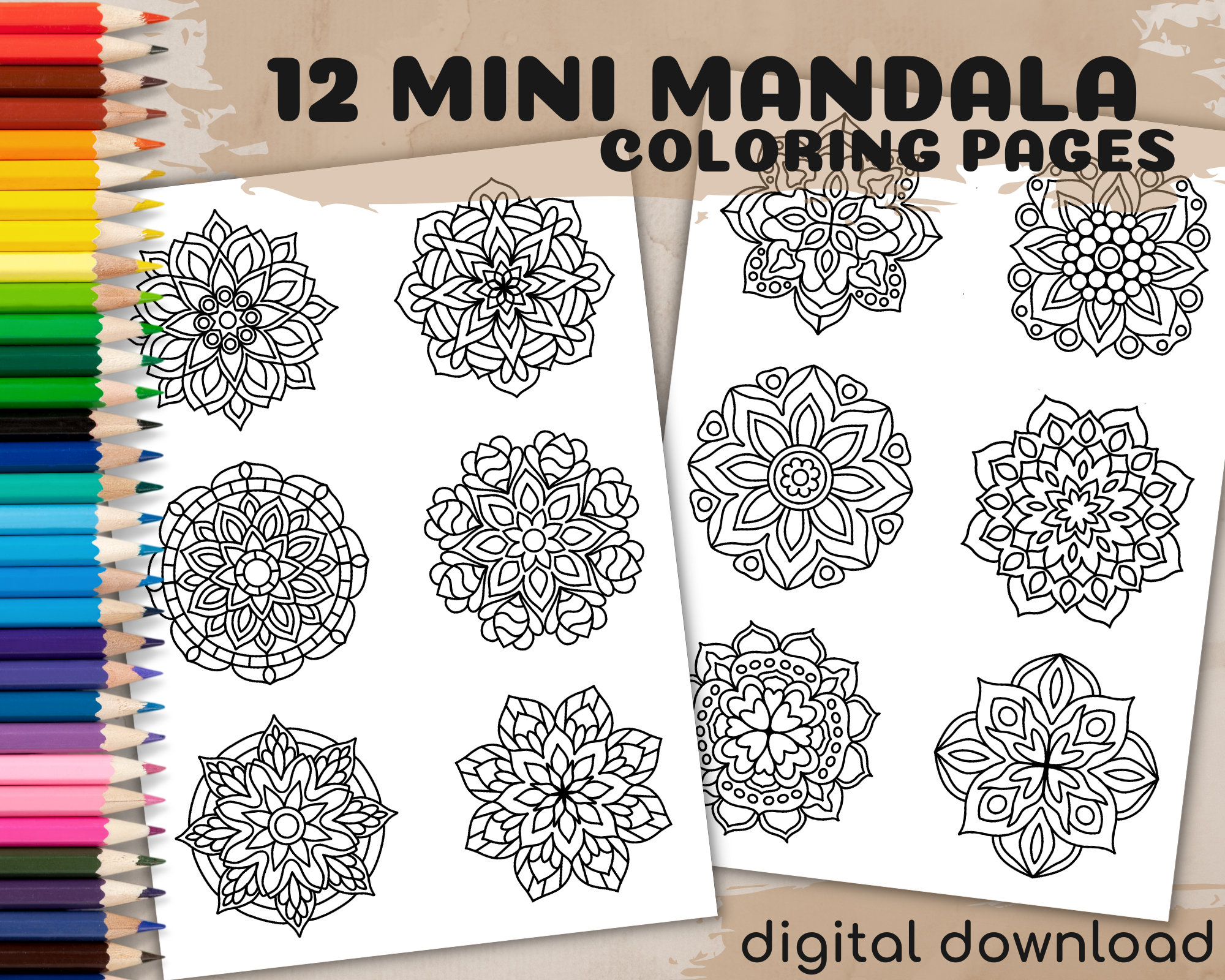12 Mini Mandalas Printable Coloring Pages Adult Coloring Book Simple ...
